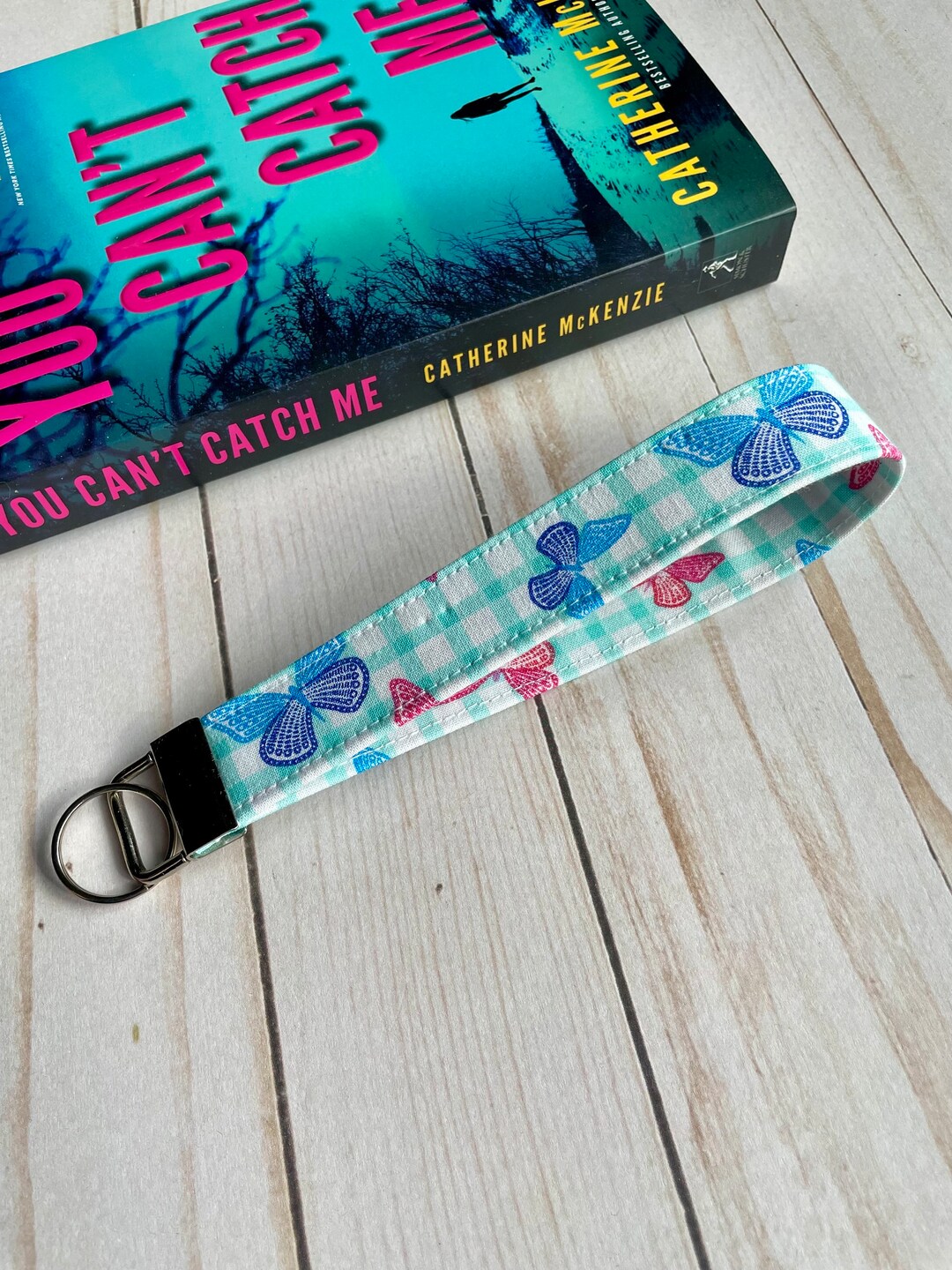 Blue and Pink Butterfly Checker Fabric Wristlet Keychain, Key Fob, Key ...