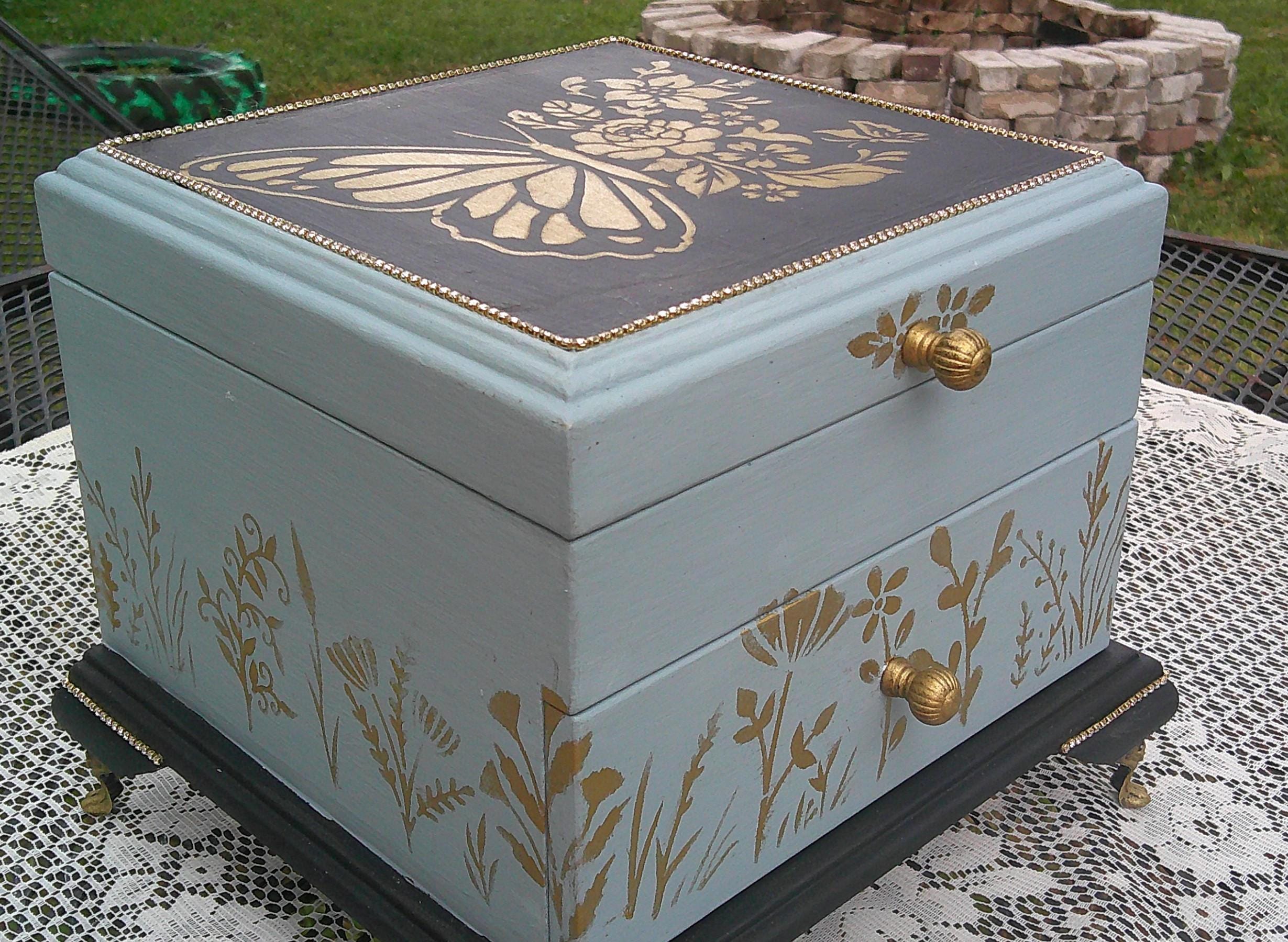 Jewelry Box Vintage Refurbished Hand Painted Blue With Gold Trim - Etsy