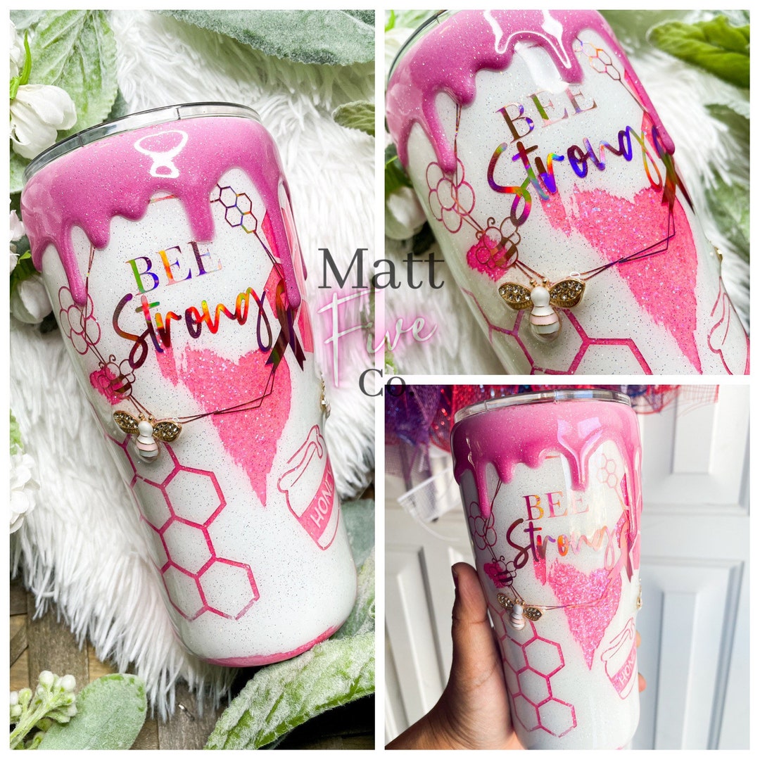 Personalized Pink Glitter Bee Strong Breast Cancer Awareness Tumbler ...