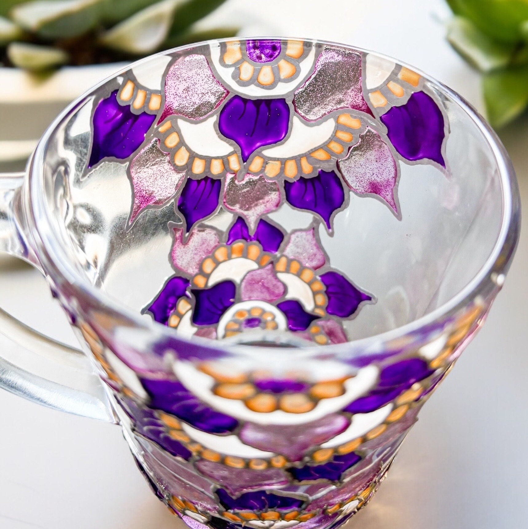 Purple Flower Glass Mug, Hand-painted Glassware, Mandala Glass Coffee ...