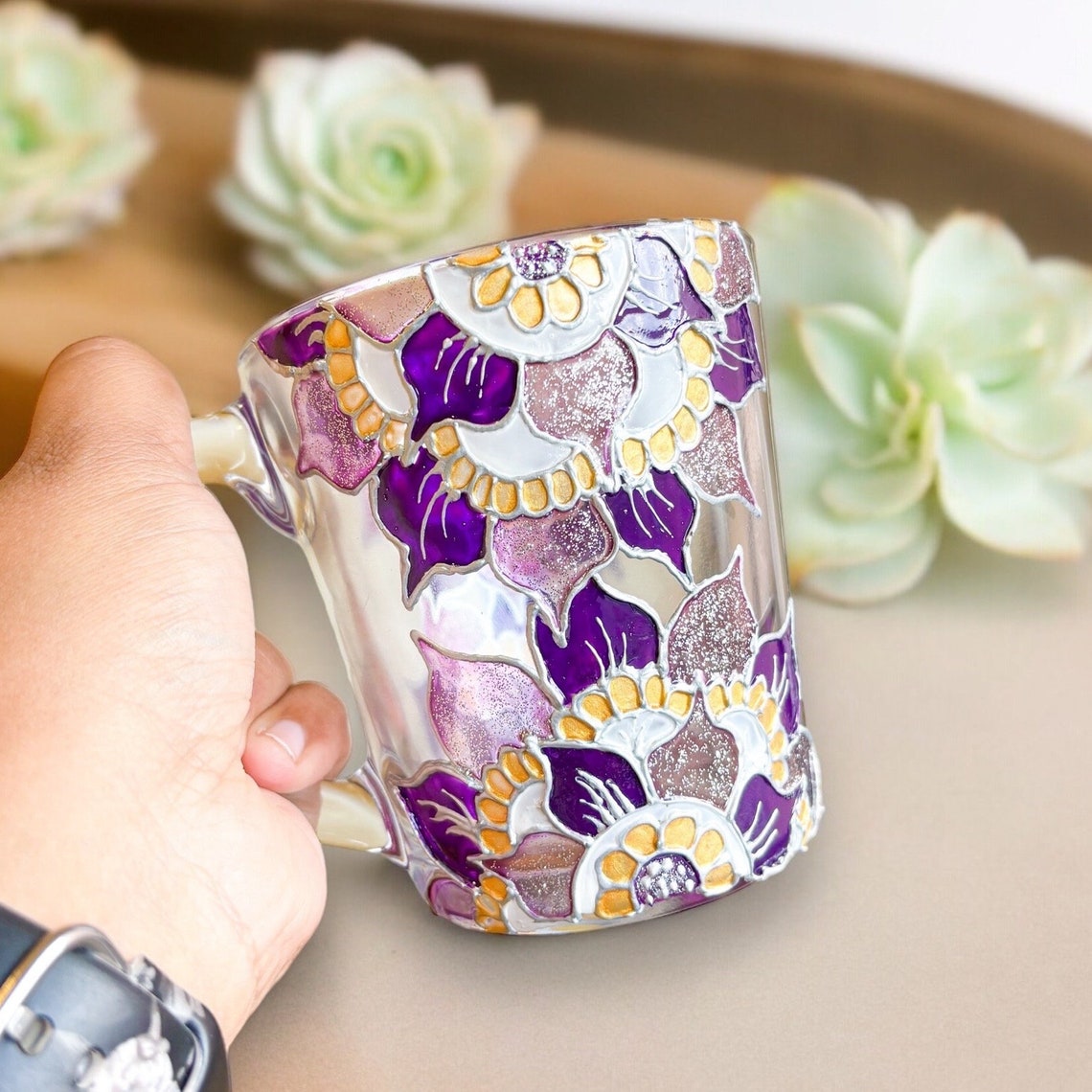 Purple Flower Glass Mug, Hand-painted Glassware, Mandala Glass Coffee ...