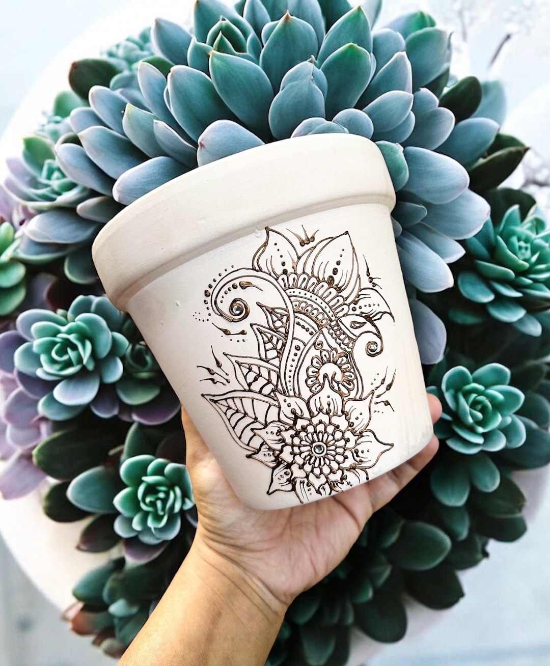 Hand-painted Terracotta Planter Pot: Henna-inspired Mandala Design - Etsy