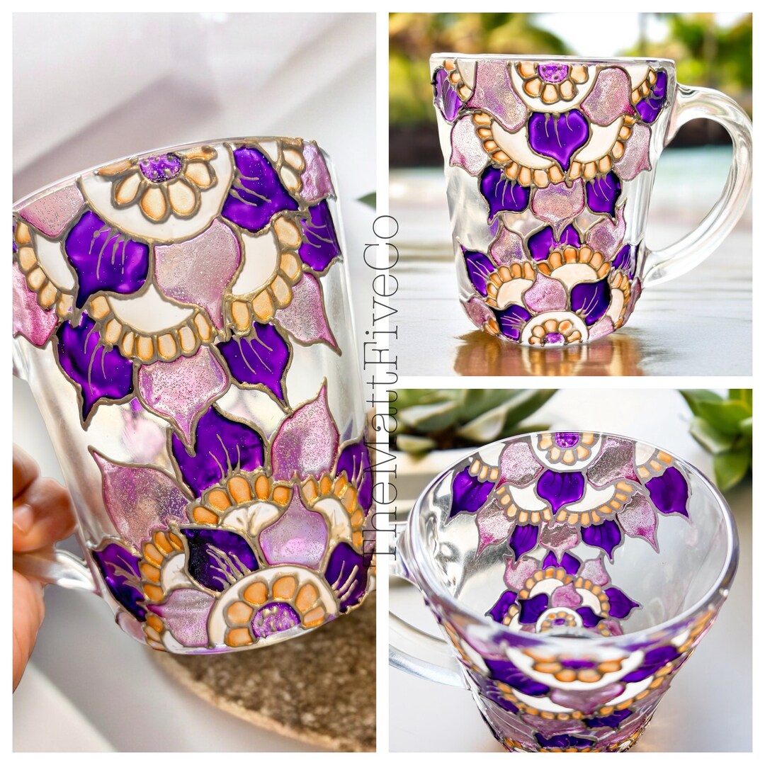 Purple Flower Glass Mug, Hand-painted Glassware, Mandala Glass Coffee ...