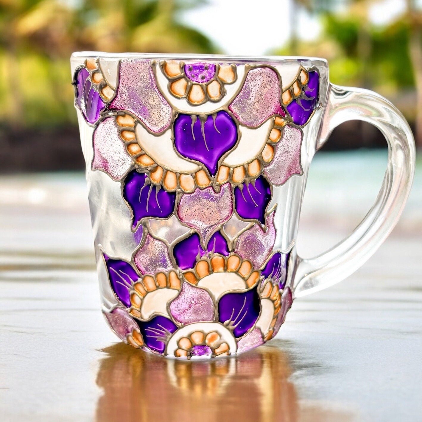 Purple Flower Glass Mug, Hand-painted Glassware, Mandala Glass Coffee ...