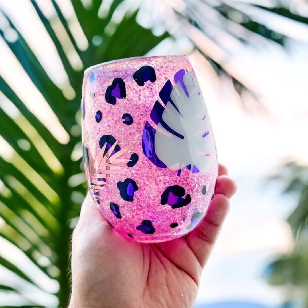 Tropical Pink Leopard Print Stemless Wine Glass, Trendy Summer Wine ...
