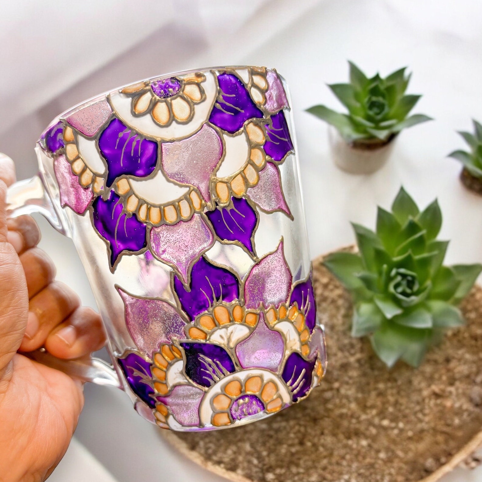 Purple Flower Glass Mug, Hand-painted Glassware, Mandala Glass Coffee ...