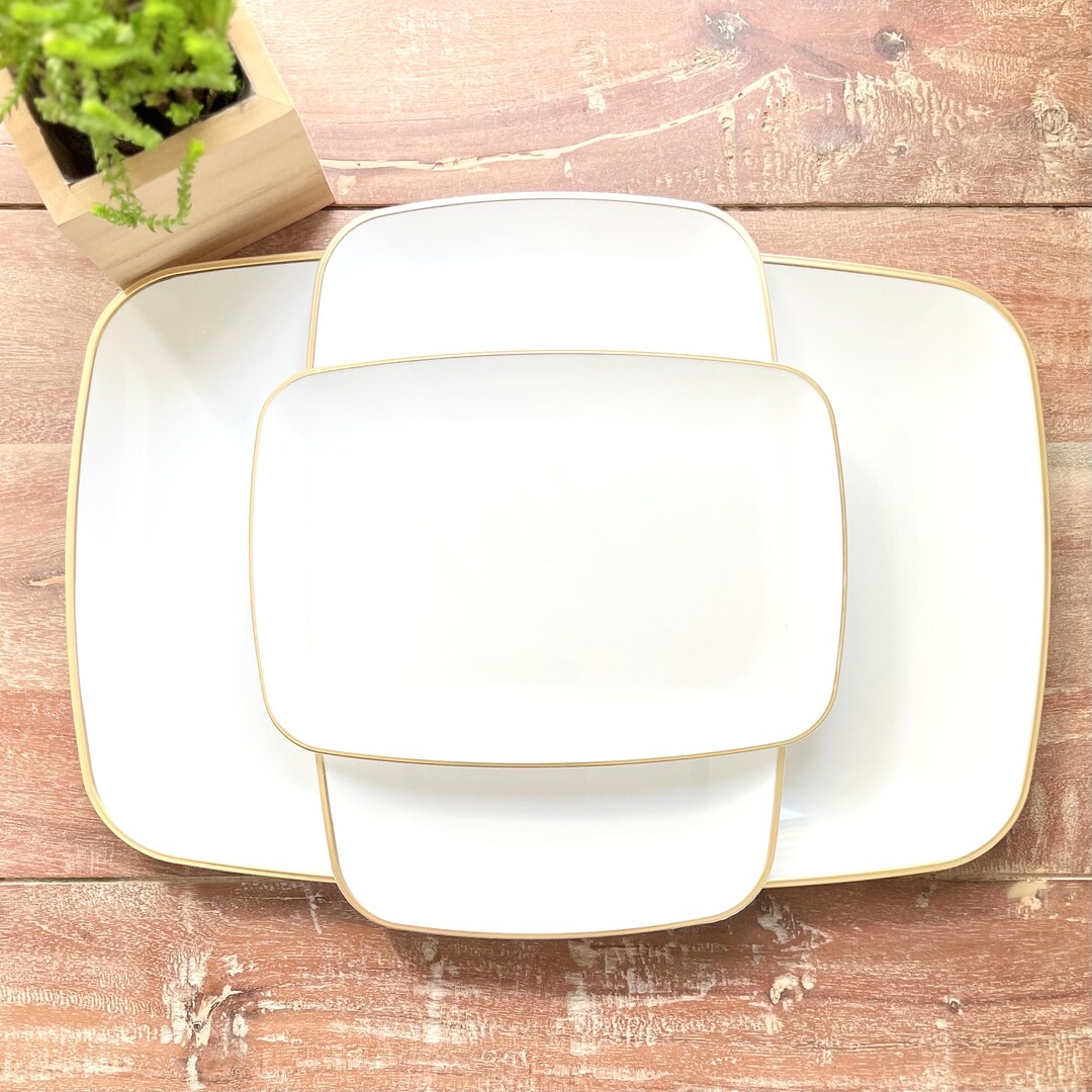 Modern White and Brushed Champagne Gold Rectangle Wedding Plates ...