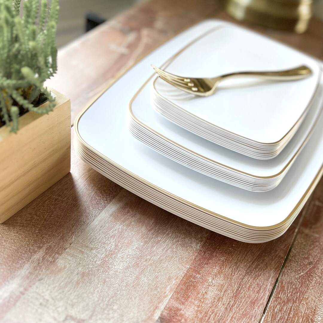 Modern White and Brushed Champagne Gold Rectangle Wedding Plates ...
