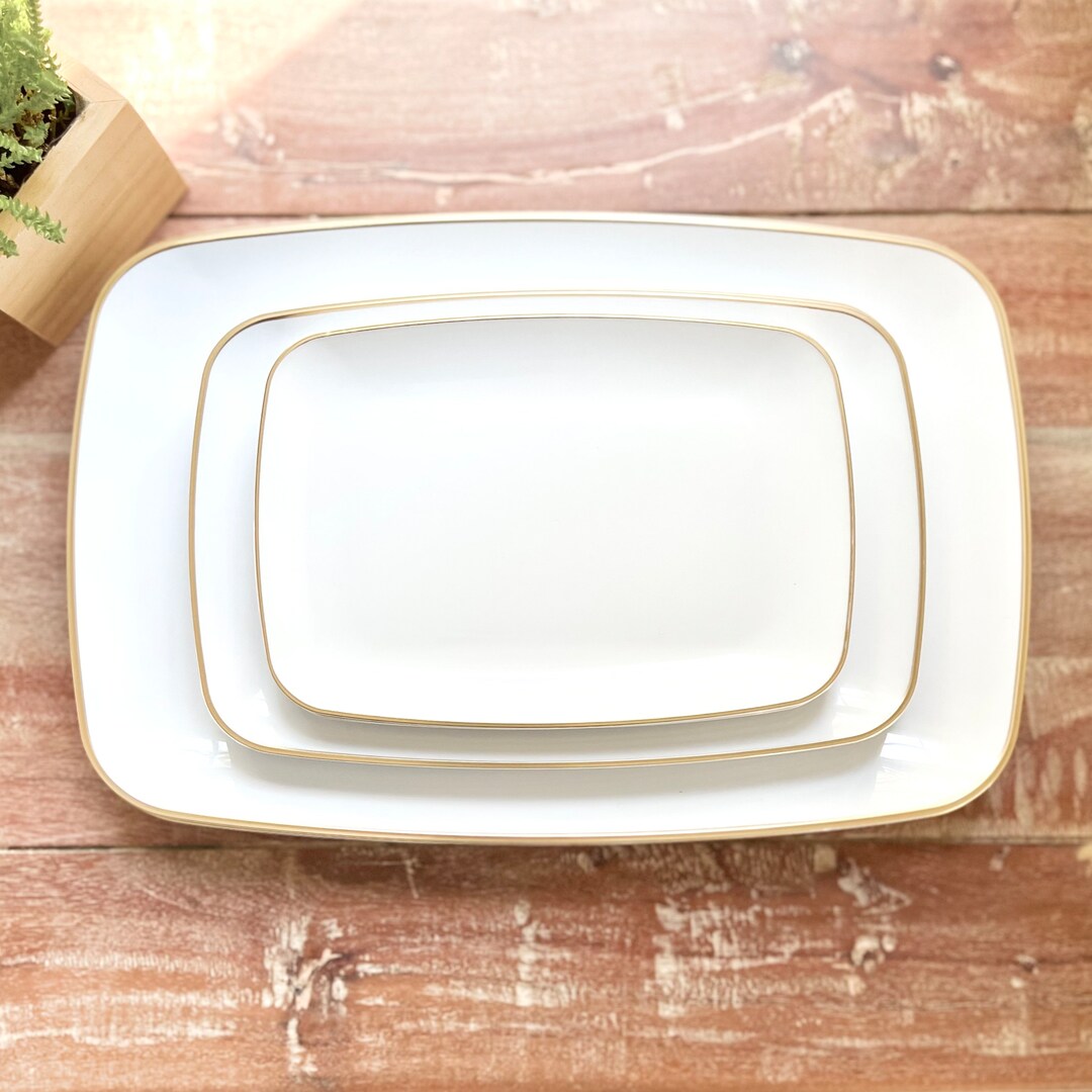 Modern White and Brushed Champagne Gold Rectangle Wedding Plates ...