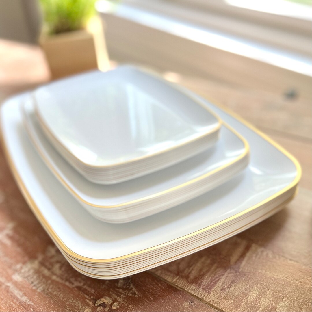 Modern White and Brushed Champagne Gold Rectangle Wedding Plates ...