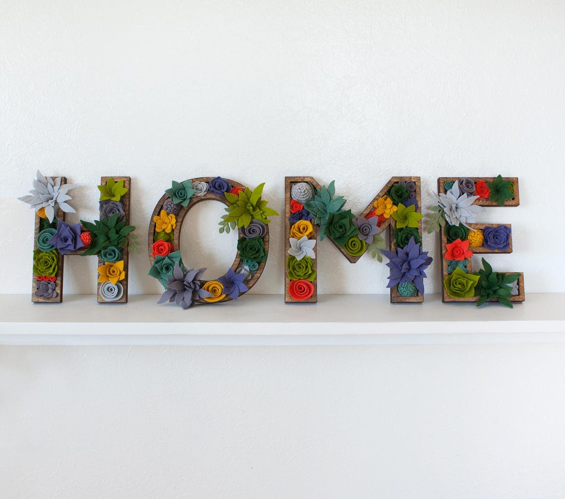 Faux Succulent Filled Wood Letters for HOME Sign, Colorful Artificial ...