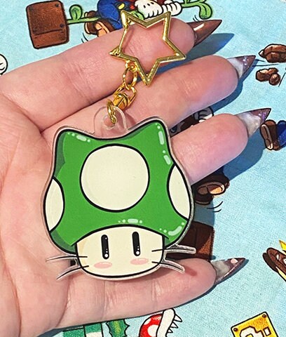 1UP Mushroomcat Keychain - Mario, Video Game, Nintendo, 1 UP, Kawaii ...