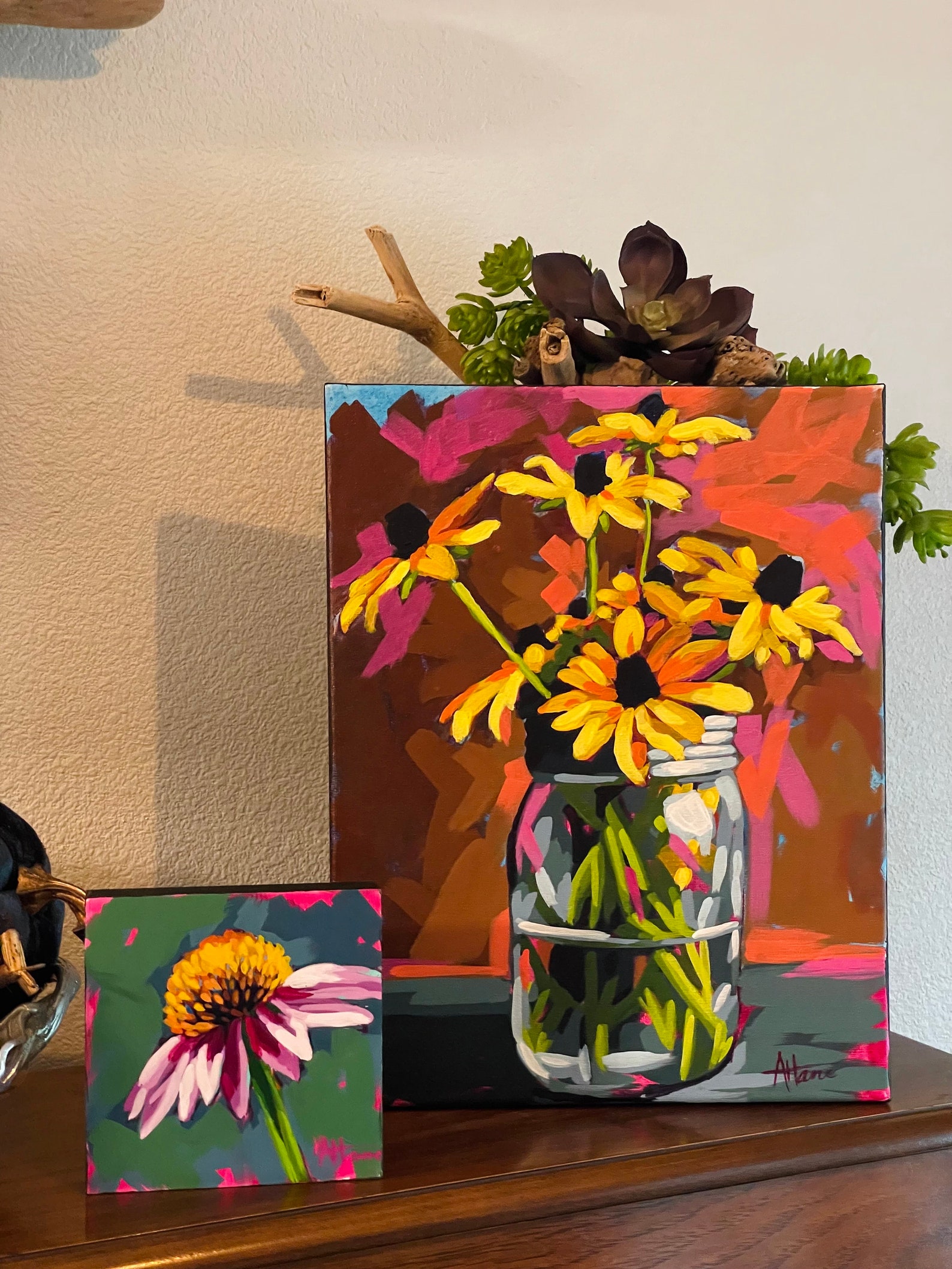 2 Cone Flower Original Acrylic Painting 5x5 Set of 2 - Etsy