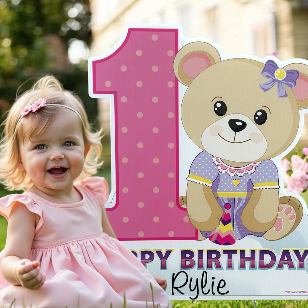 Happy 1st Birthday Yard Sign, Personalized Teddy Bear Lawn Card, Indoor ...