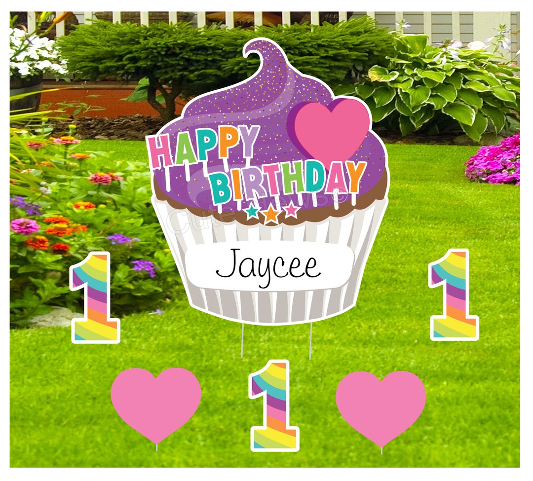 Happy Birthday Yard Decoration Cupcake Sign Kit With Custom Rainbow Age ...