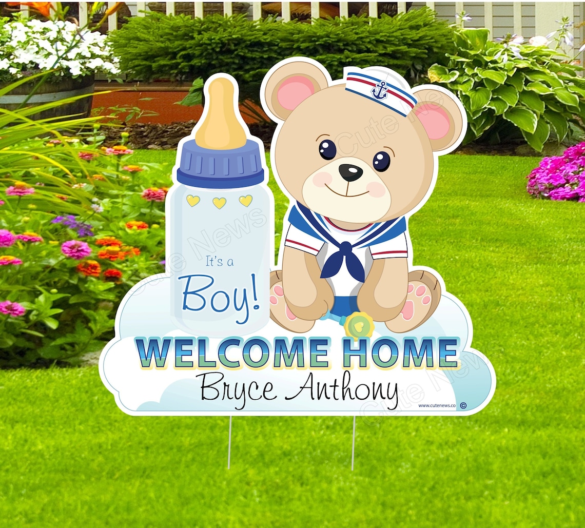 Welcome Home New Baby Teddy Bear Yard Sign, Custom Name Its a Boy Girl ...