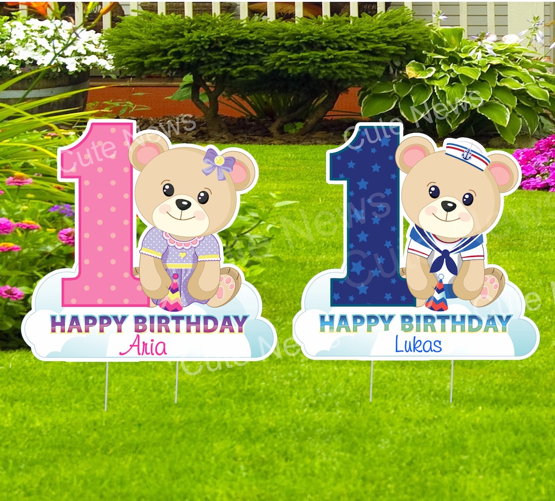 Happy First Birthday Twin Lawn Signs, Personalized Teddy Bear Theme ...