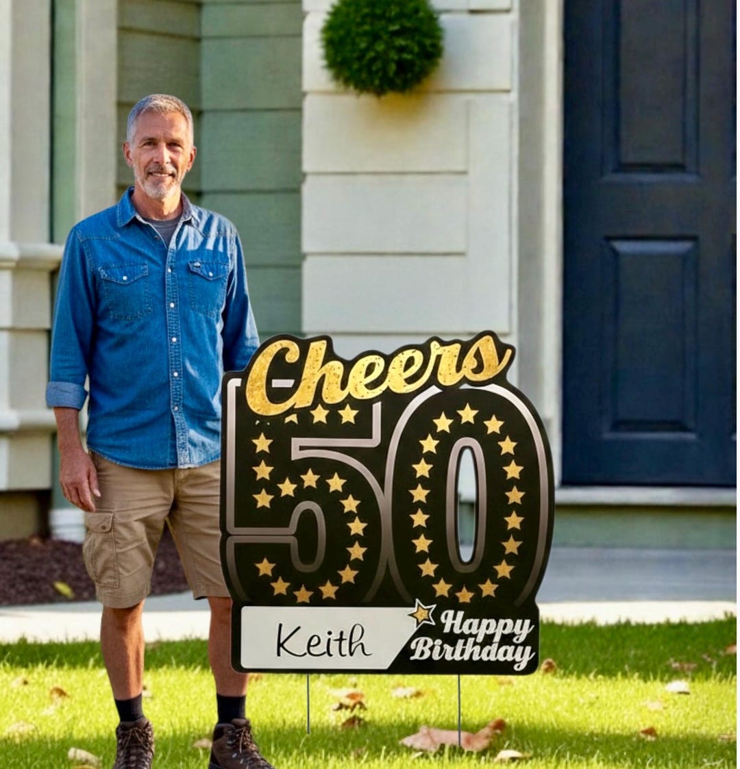 Personalized 50th Birthday Yard Sign, Black & Gold Banner, Outdoor ...