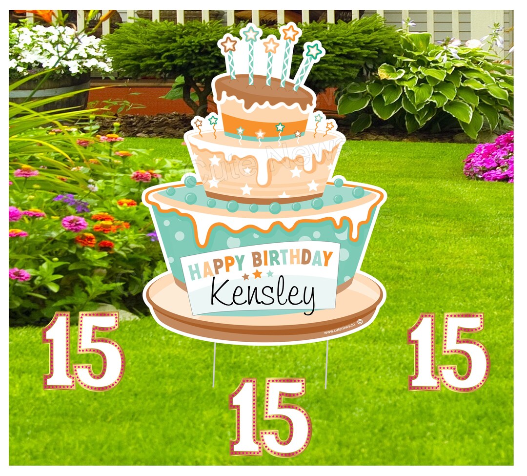 15th Birthday Cake Yard Sign Decor, Personalized Lawn Happy Fifteen Art ...