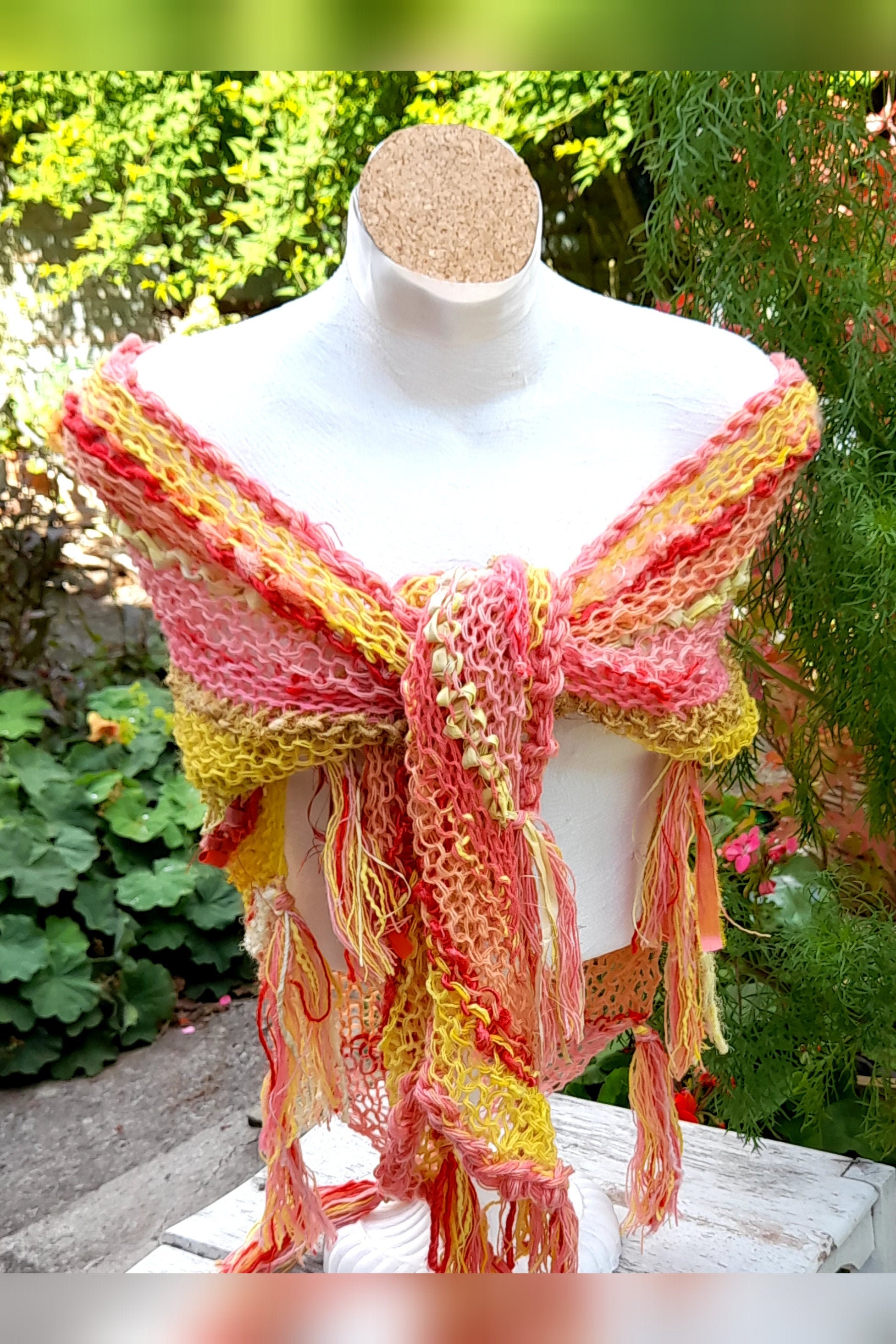 Rhubarb and Custard. Bohemian Shawl Hand Knitted in Japansk Cotton ...