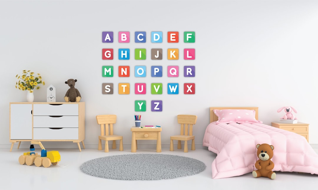 Building Blocks Alphabet Sticker Kid Room Wall ABC Educational Colorful ...