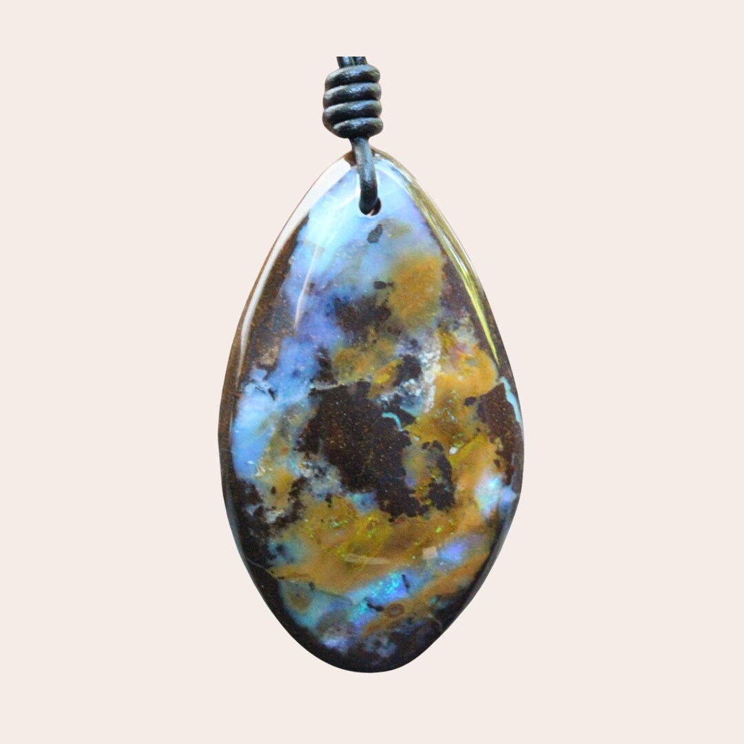 Natural Australian Boulder Opal Freeform Necklace - Unisex Solid Rock ...