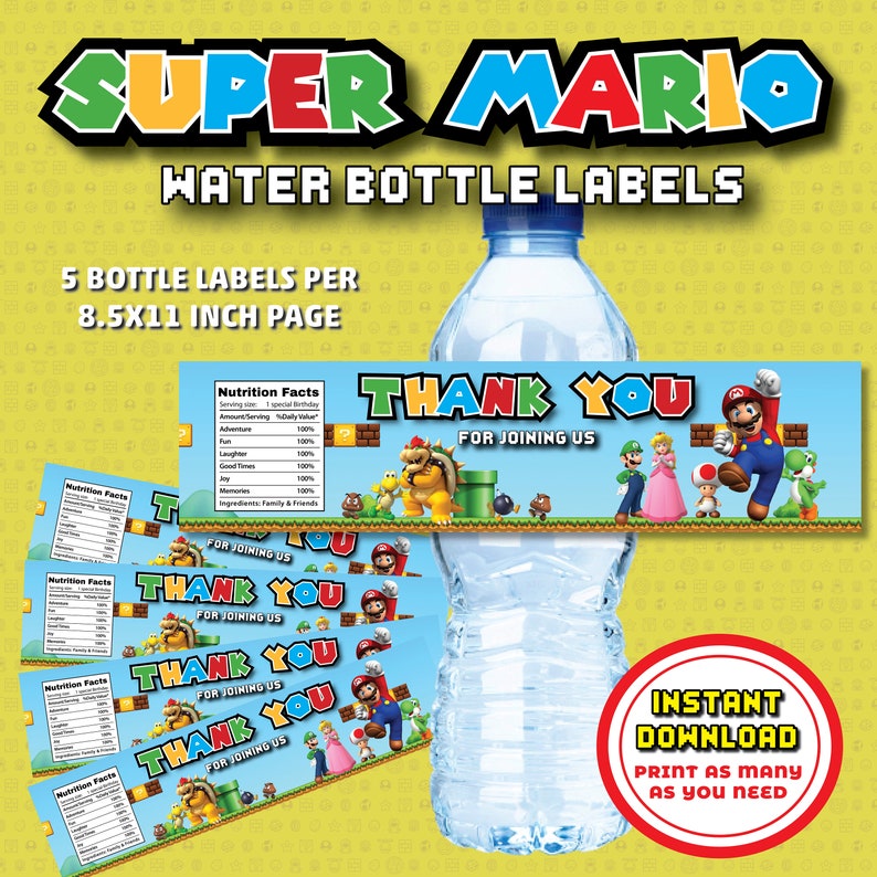 Instant Download , Super Mario Bottle Labels, Super Mario Birthday ...