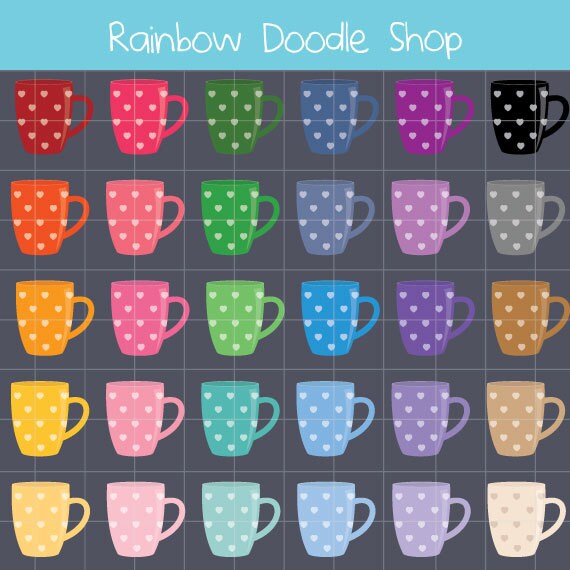 Mug Clipart, Digital Mugs, Coffee Mugs Clip Art, Heart Printed Cups ...