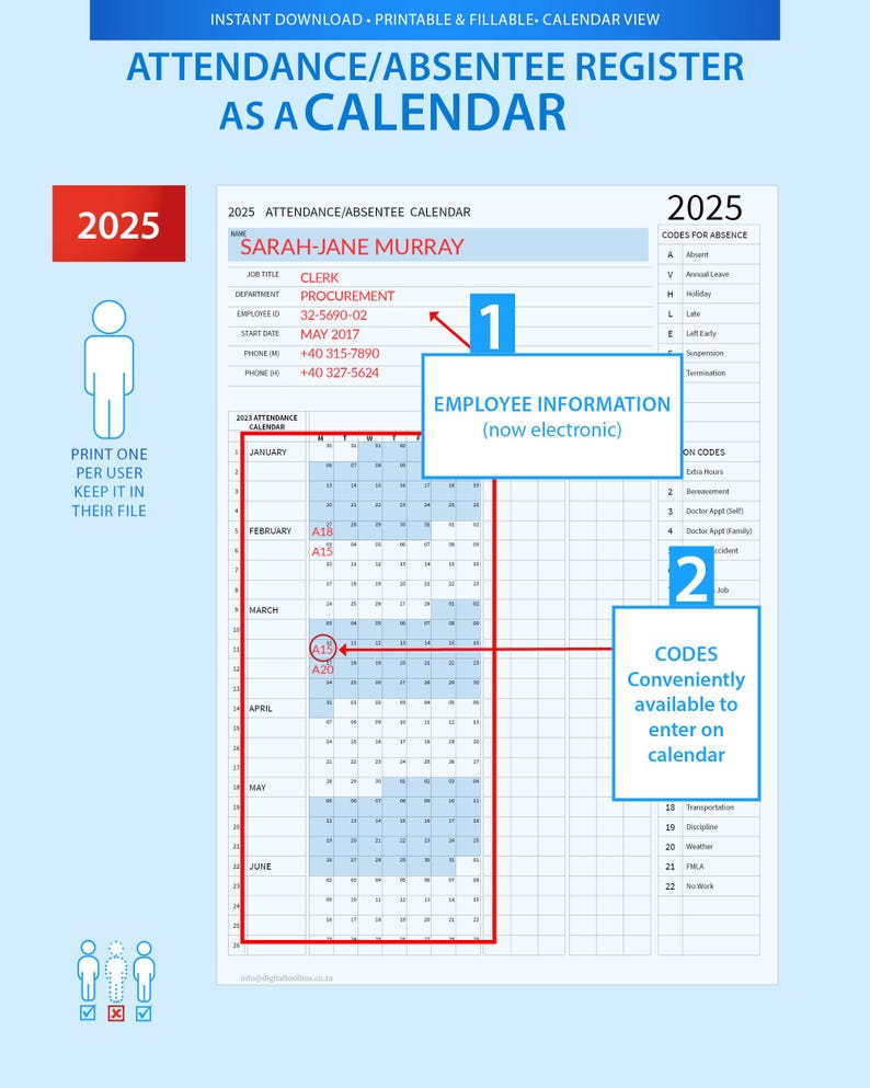 2025 PDF Attendance Absentee Calendar/tracker for HR, School ...