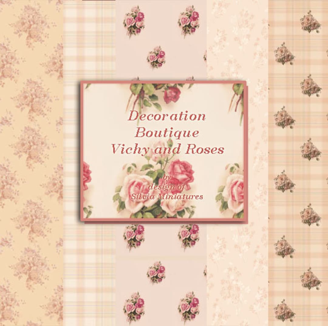 Dollhouse Wall Paper Decoration Boutique Vichy and Roses, Scale 1:12 ...