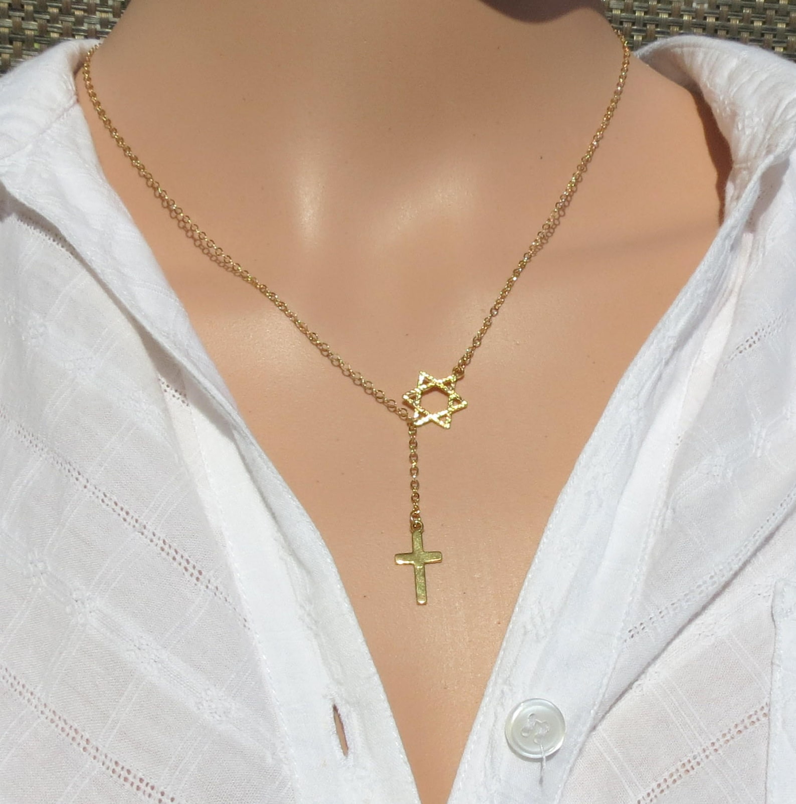 Gold Messianic Star of David Cross Necklace, Cross With Magen David ...