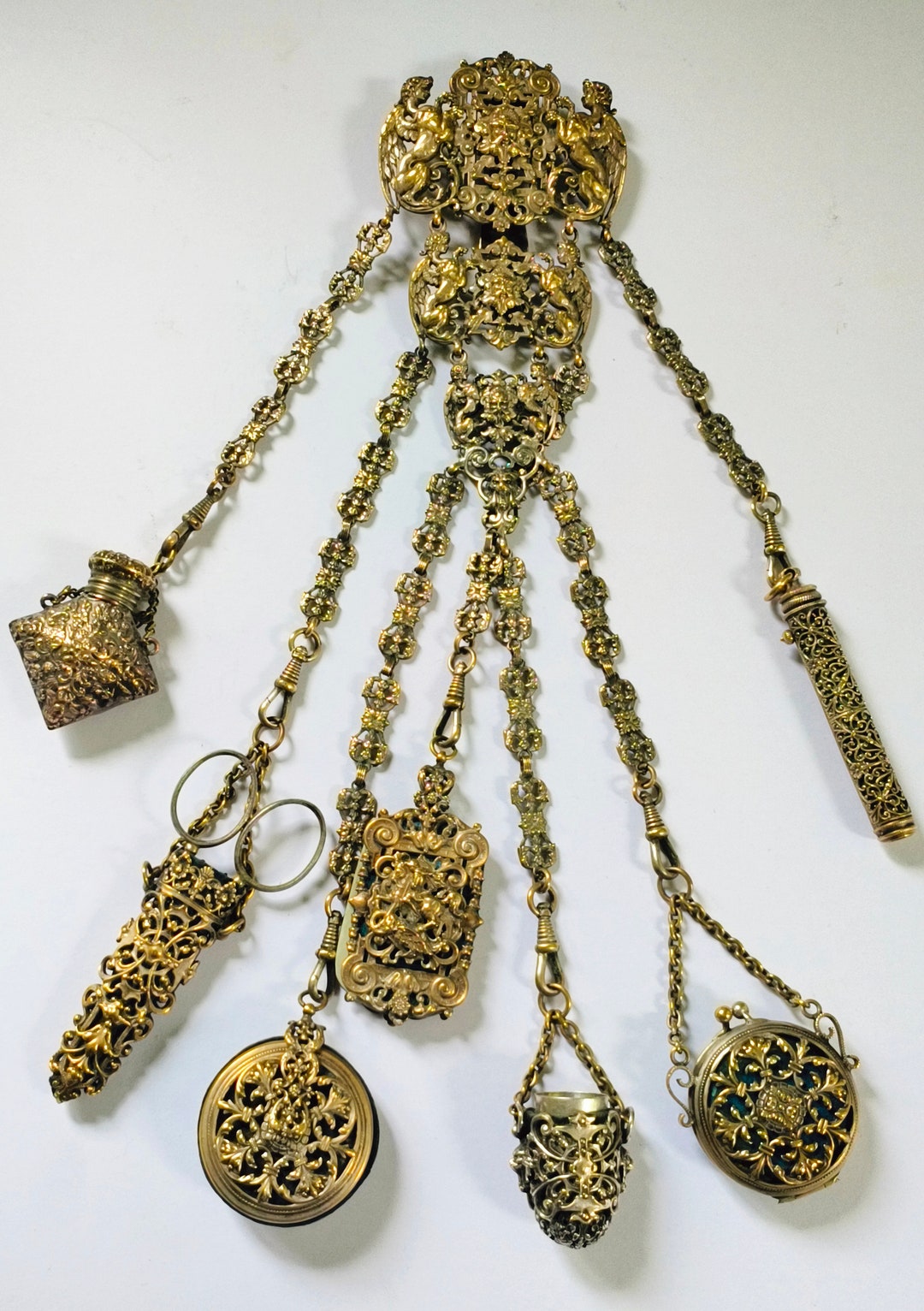 Antique Victorian Silver Plated Chelaine With 7 Attachments Including ...
