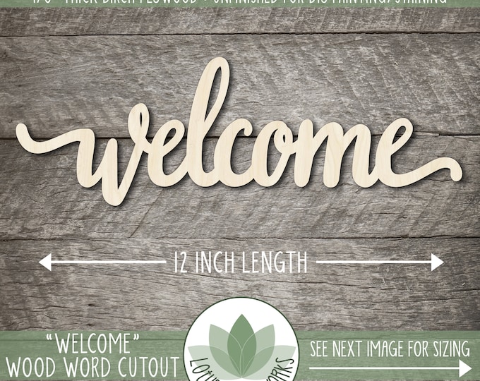 Welcome Script Word Wood Sign, Wooden Words, Sign Art, Rustic Cursive ...