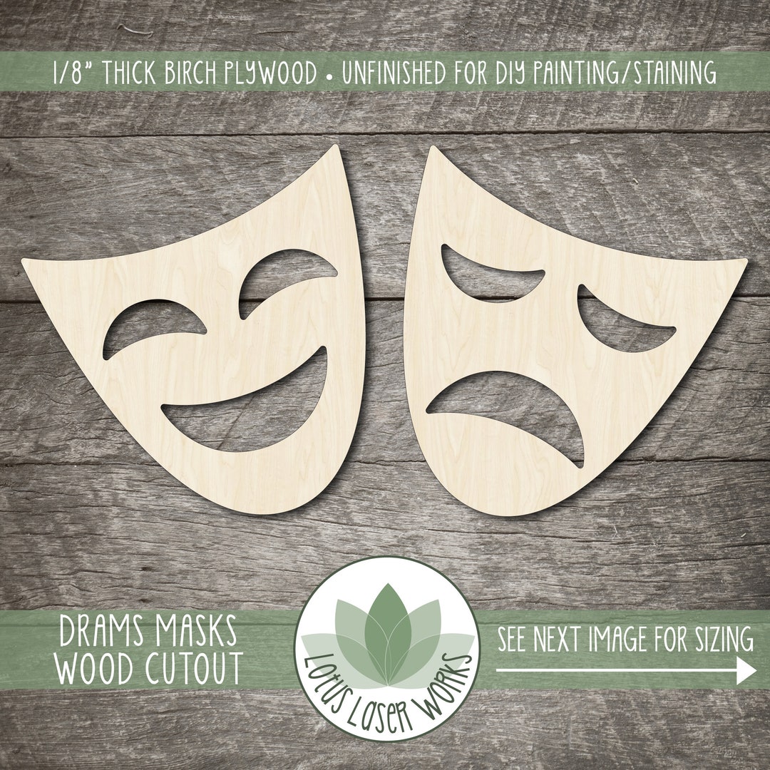 Wood Drama Mask Cutout, Comedy and Tragedy Theatre Masks, Unfinished ...