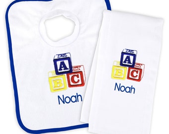 Monogrammed bib and burp cloth set newborn gift baby shower