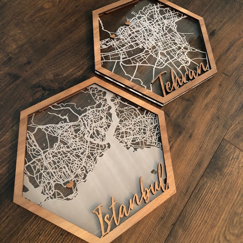 Custom Engraved Hexagon Map in Acrylic and Wood - Etsy