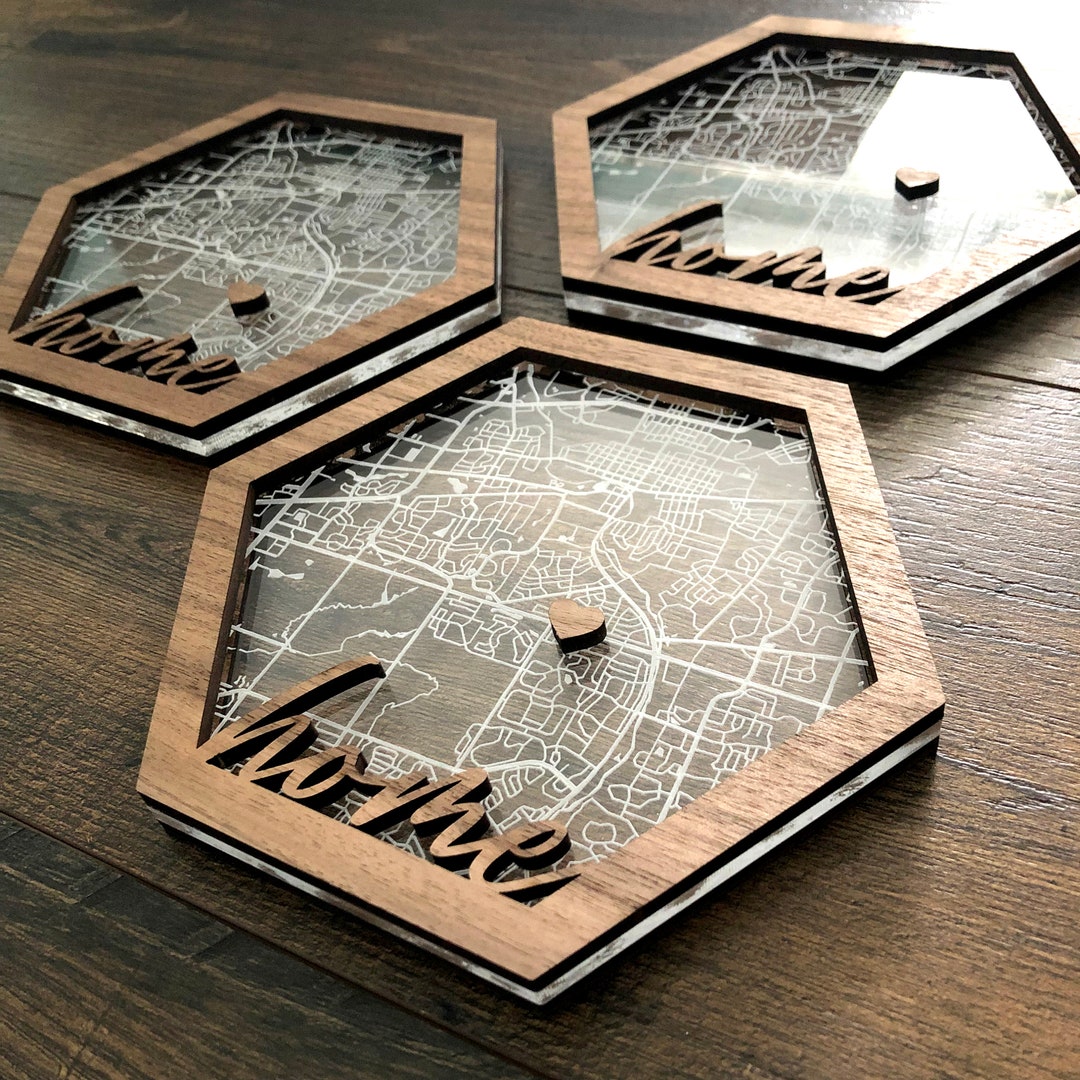 6" Custom Engraved Home Hexagon Map in Acrylic and Wood - Etsy