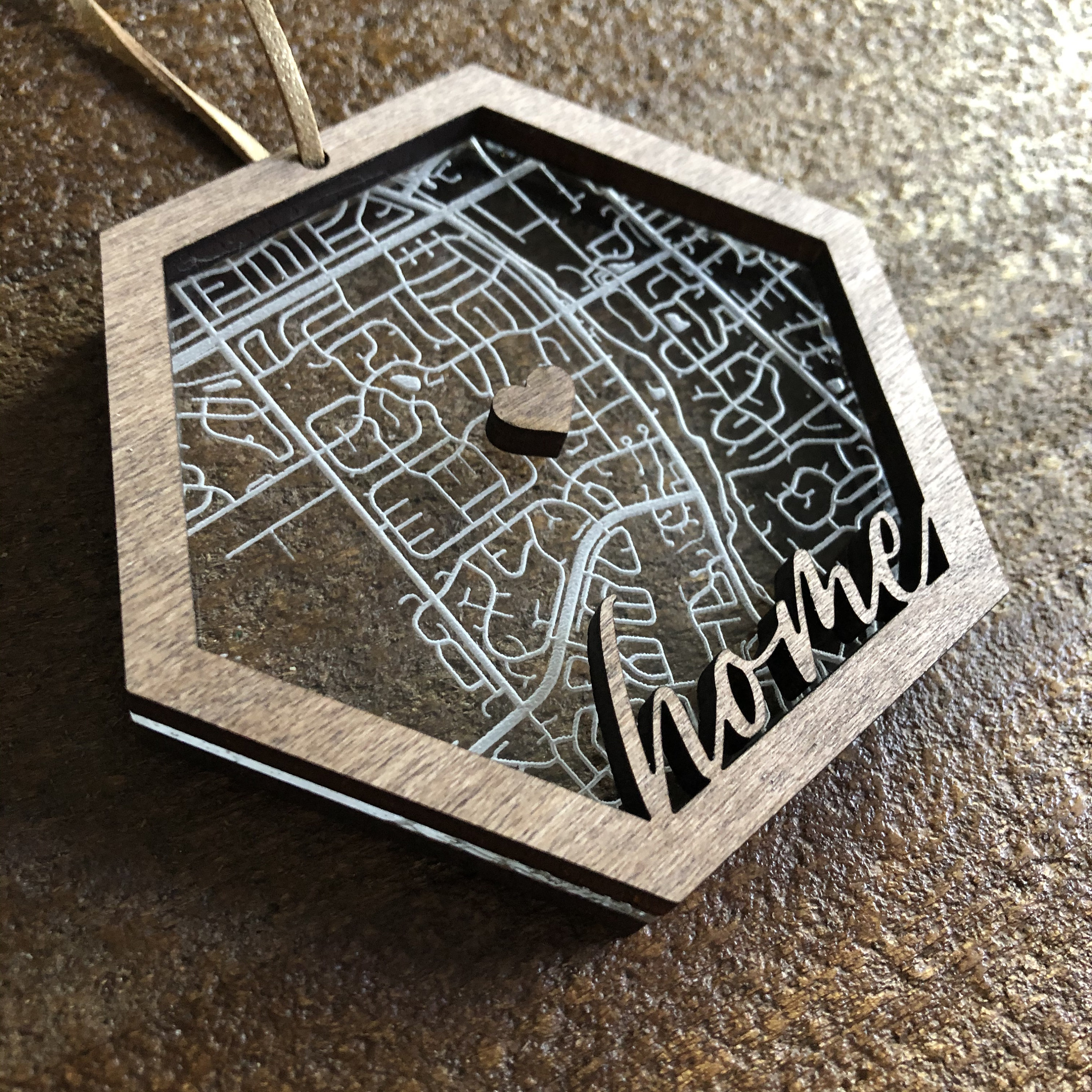 Custom Engraved Map Wooden and Acrylic Hexagon Ornament - Etsy