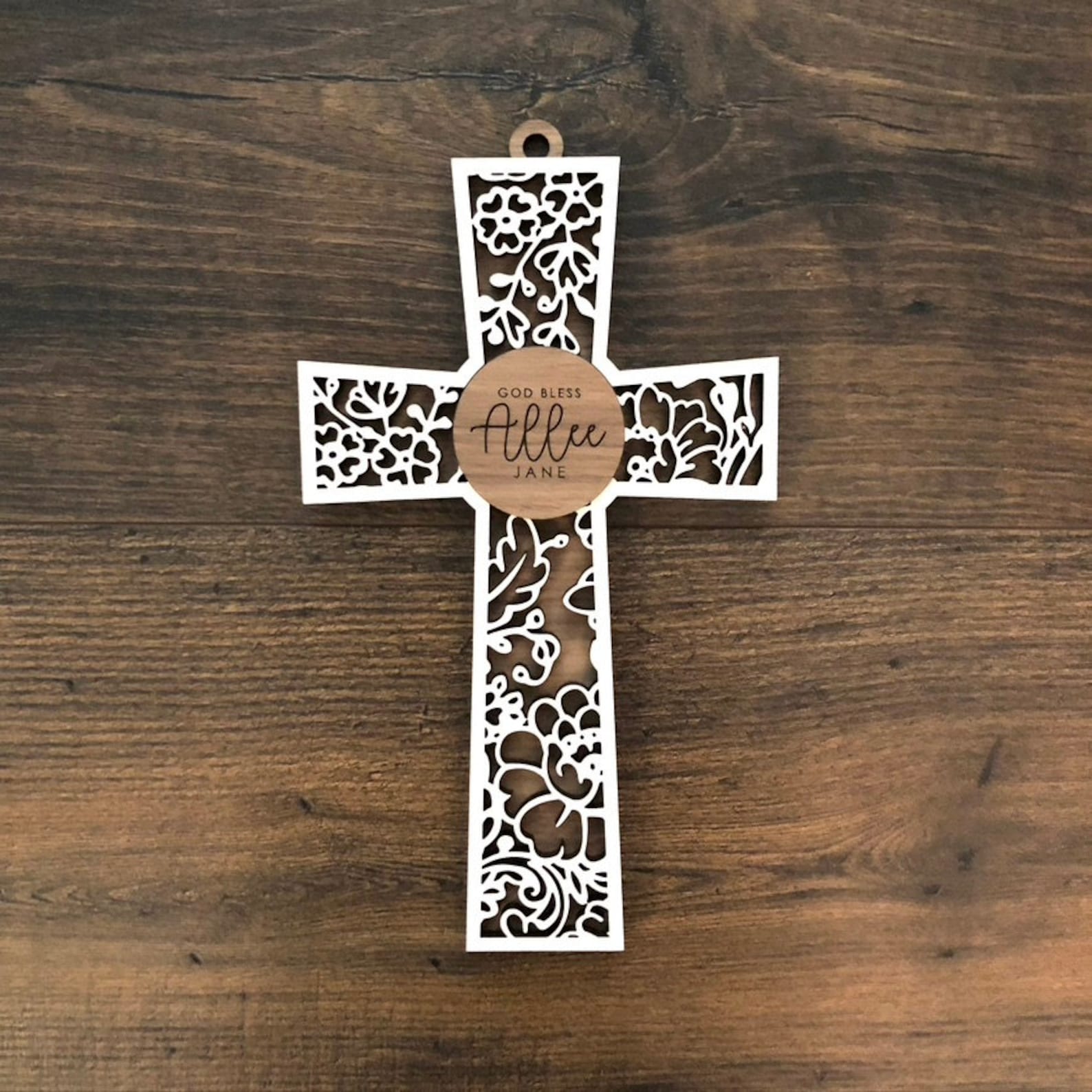 Personalized Floral Lace Laser Cut Wooden Two-tone Baptism or Communion ...