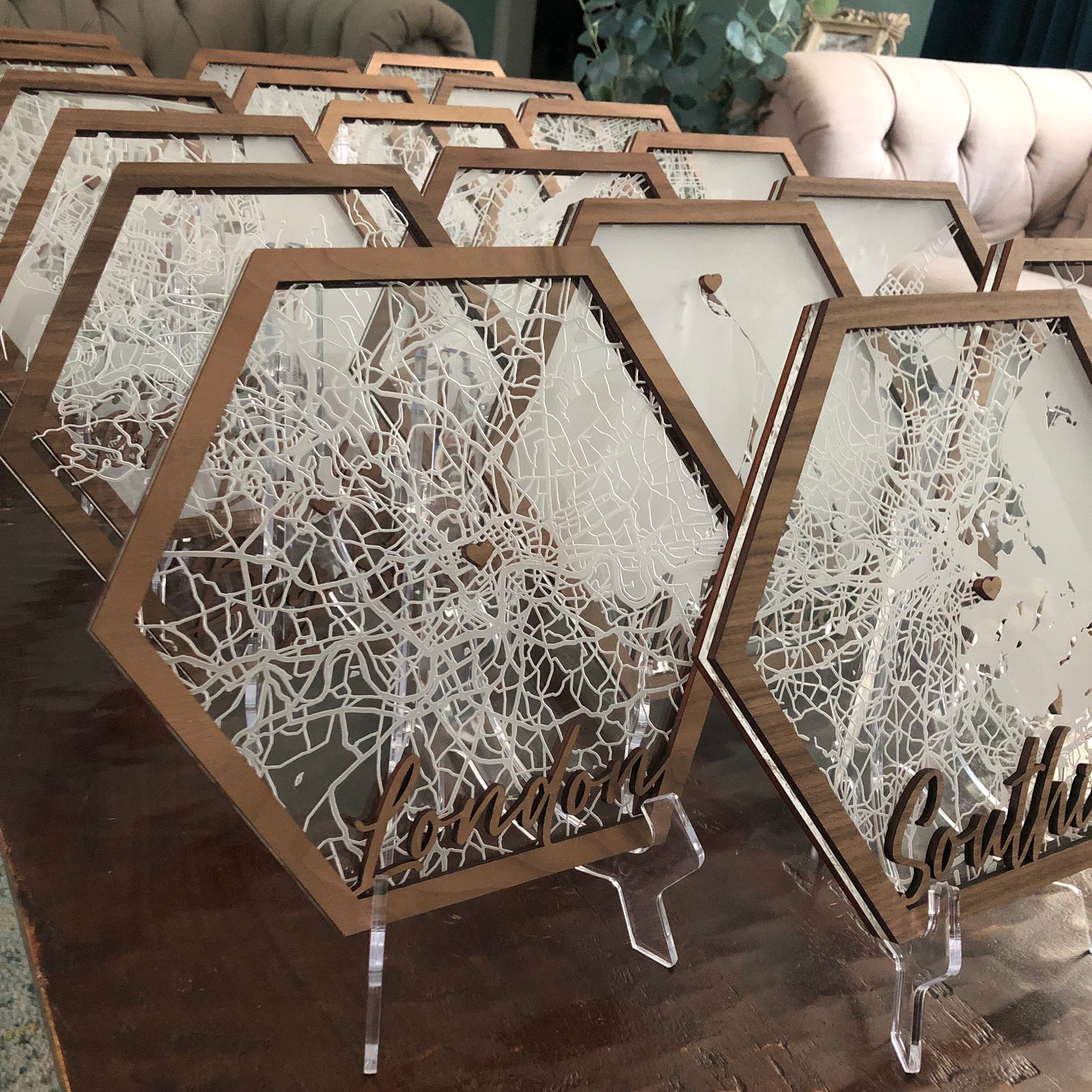 Custom Engraved Hexagon Map in Acrylic and Wood - Etsy