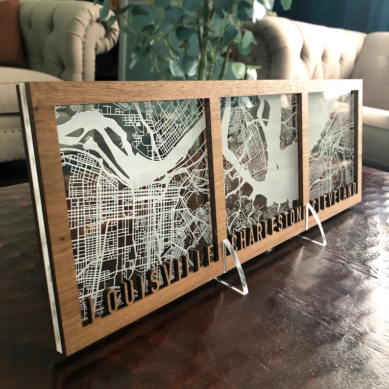 Custom Triple Anniversary Maps in Acrylic and Wood - Etsy