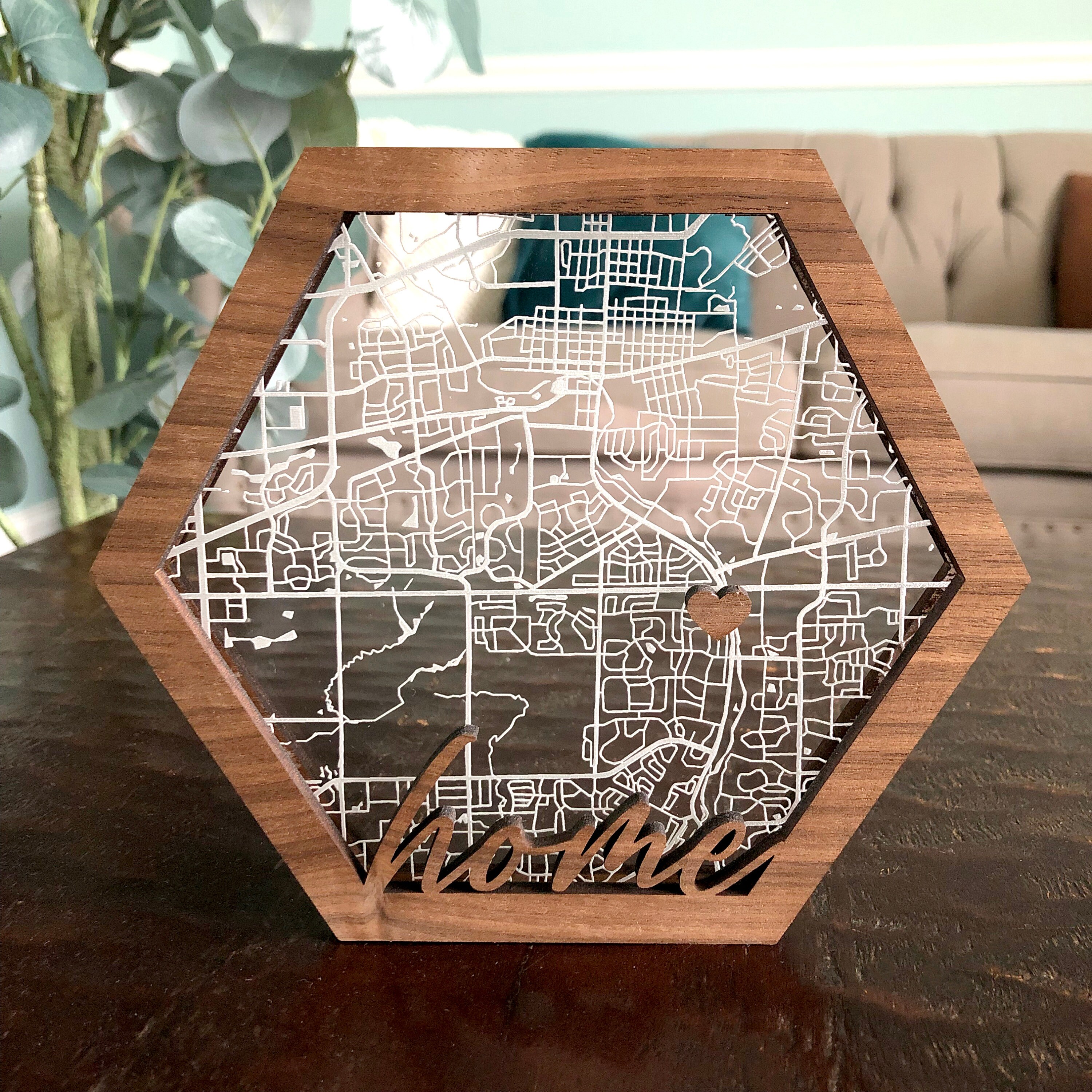 6 Custom Engraved Home Hexagon Map in Acrylic and Wood - Etsy