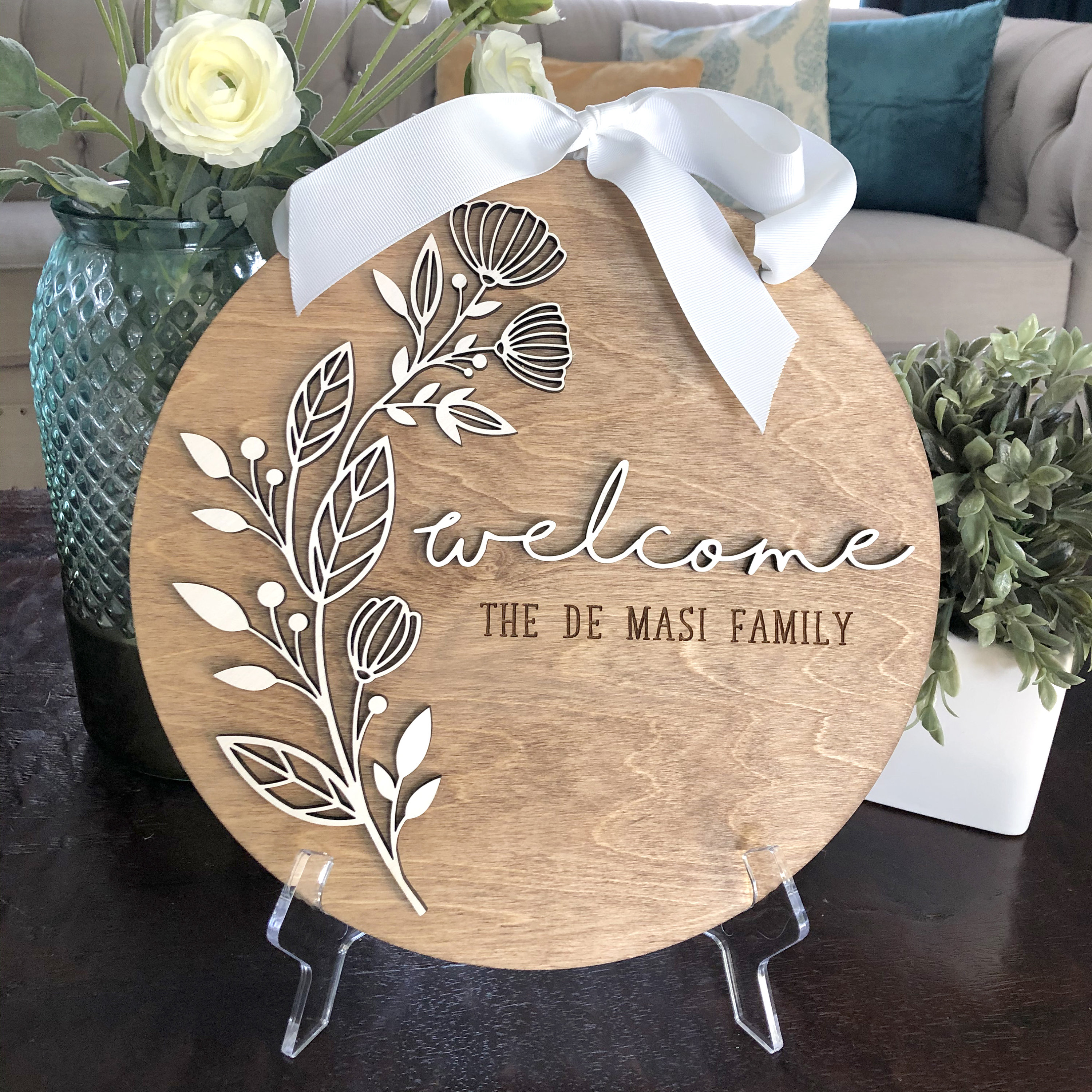 Custom Round Welcome Floral Hanging Wooden Sign - Etsy