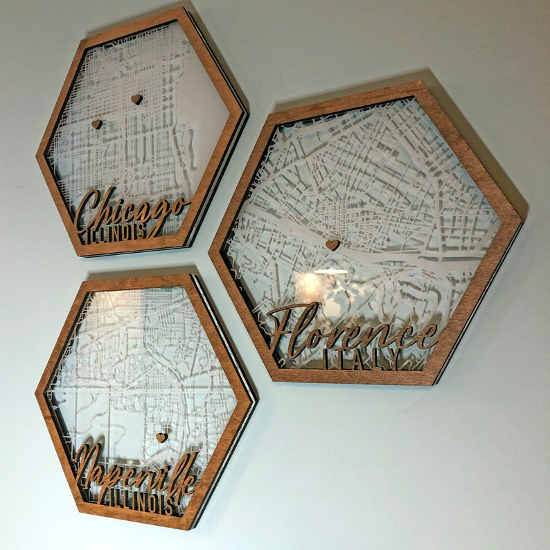 Custom Engraved Hexagon Map in Acrylic and Wood - Etsy
