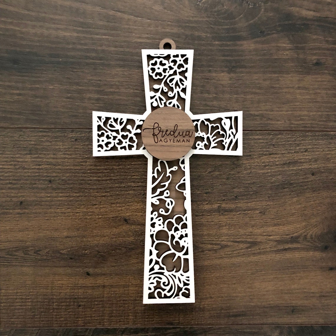 Personalized Floral Lace Laser Cut Wooden Two-tone Cross | Etsy