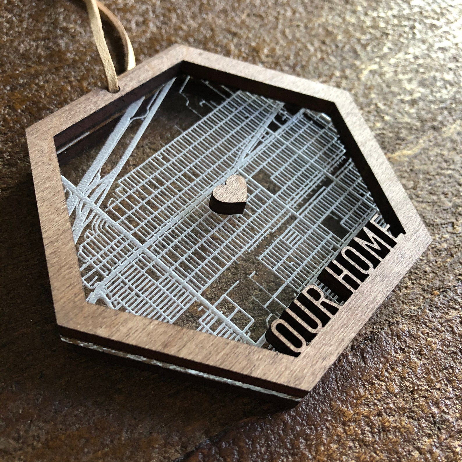 Custom Engraved Map Wooden and Acrylic Hexagon Ornament - Etsy