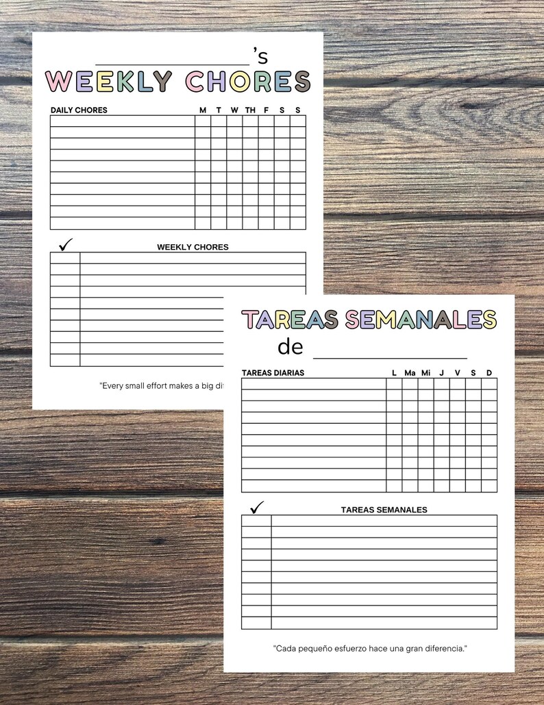 Weekly Chore Chart for Kids – Printable PDF in English & Spanish ...