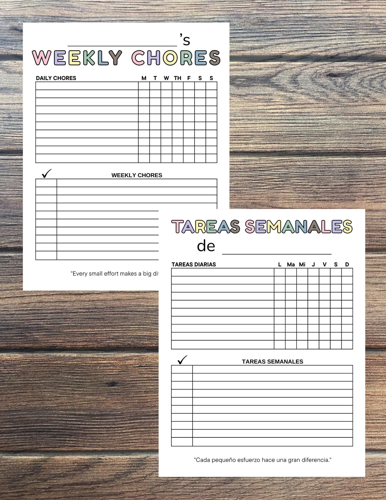 Weekly Chore Chart for Kids – Printable PDF in English & Spanish ...