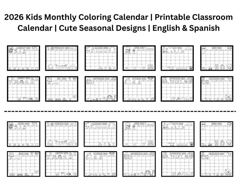 2026 Kids Monthly Calendar | Coloring Calendar | English & Spanish ...