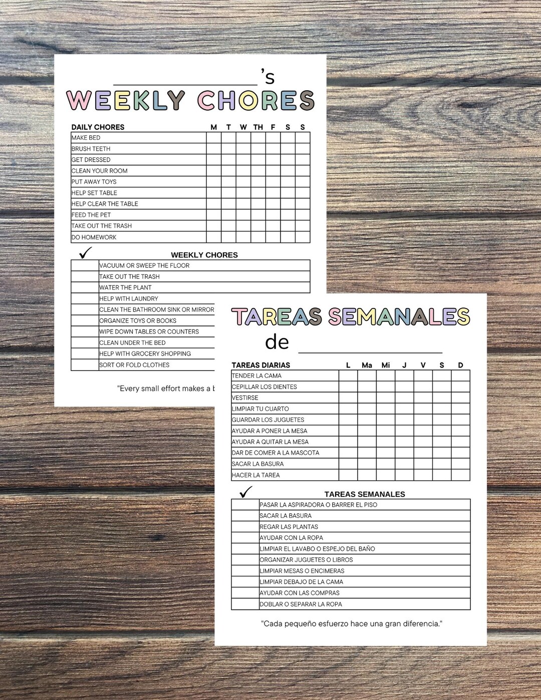 Weekly Chore Chart for Kids – Printable PDF in English & Spanish ...